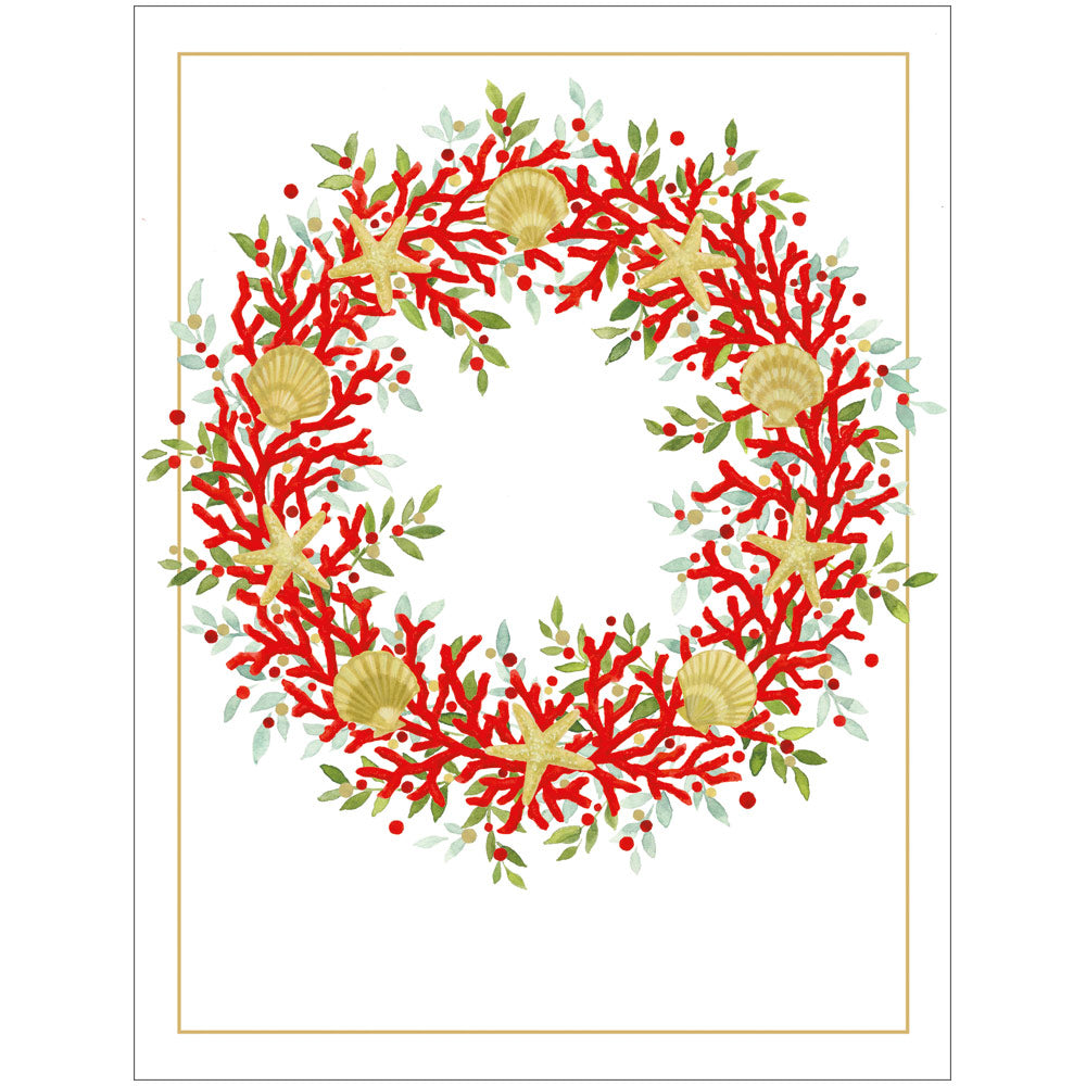 Coral And Shell Wreath Foil English Language Holiday Cards - 10 cards ...